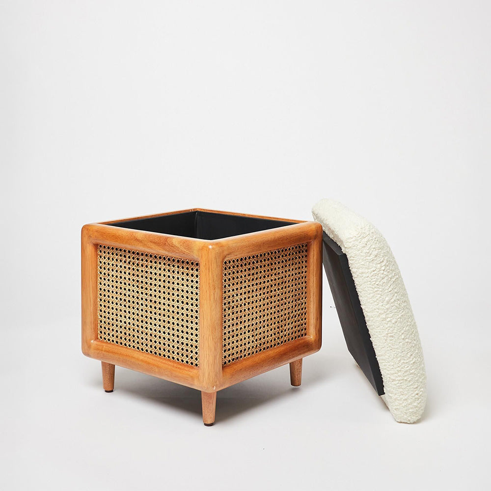 House of Woodworm | Raphia Rattan Wooden Ottoman | Premium Furniture