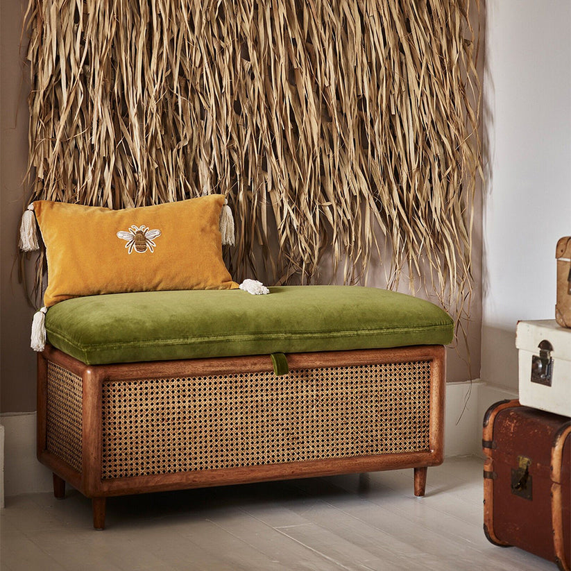 House of Woodworm | Raphia Rattan Wooden Ottoman | Premium Furniture